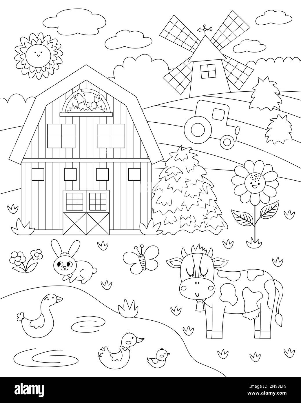 Vector black and white farm landscape illustration. Rural outline ...