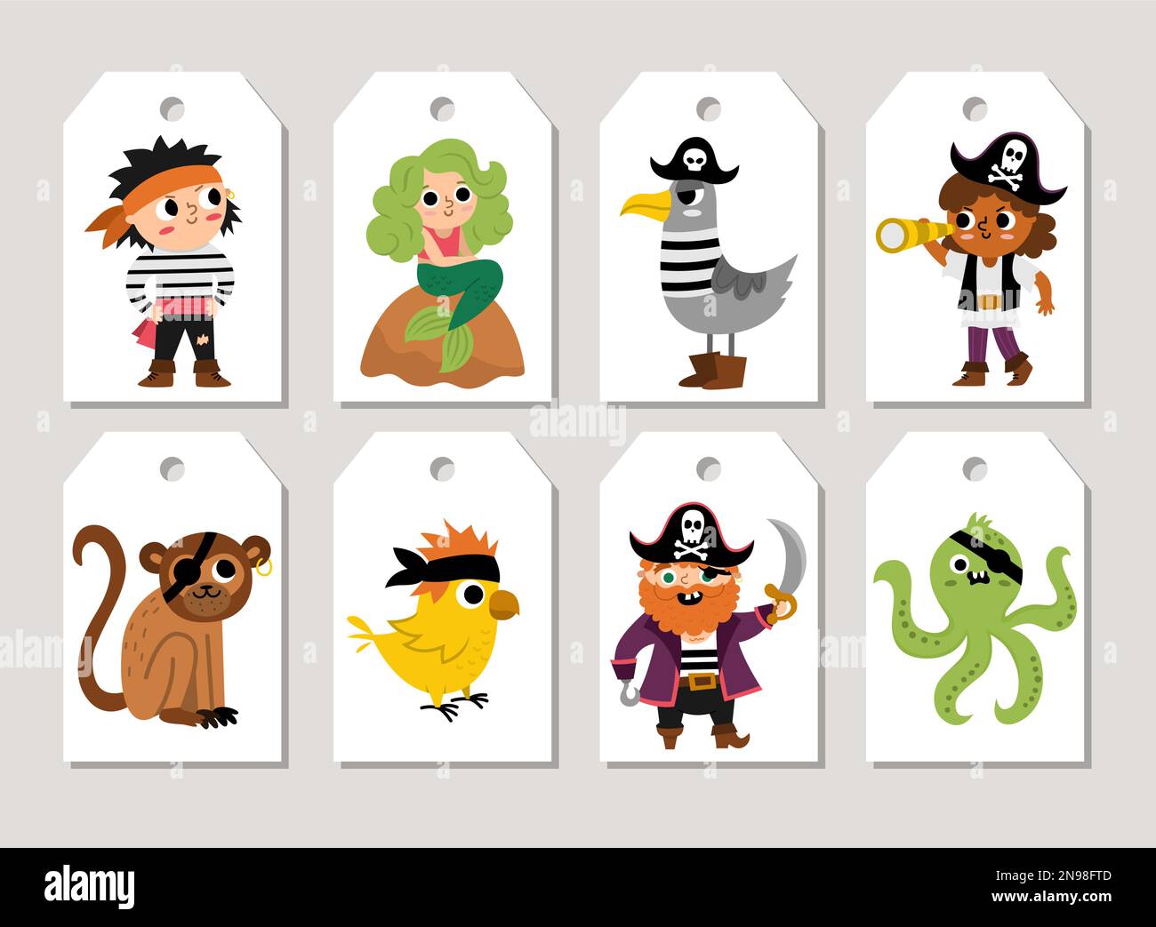 Cute pirate price tags cards set with ship, captain, sailors, chest ...