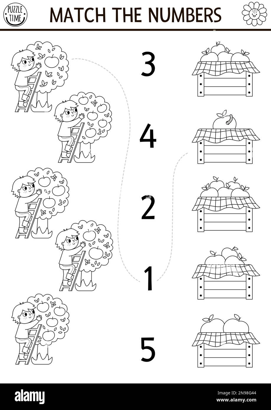 Match the numbers black and white farm game with farmer, apples. Rural ...