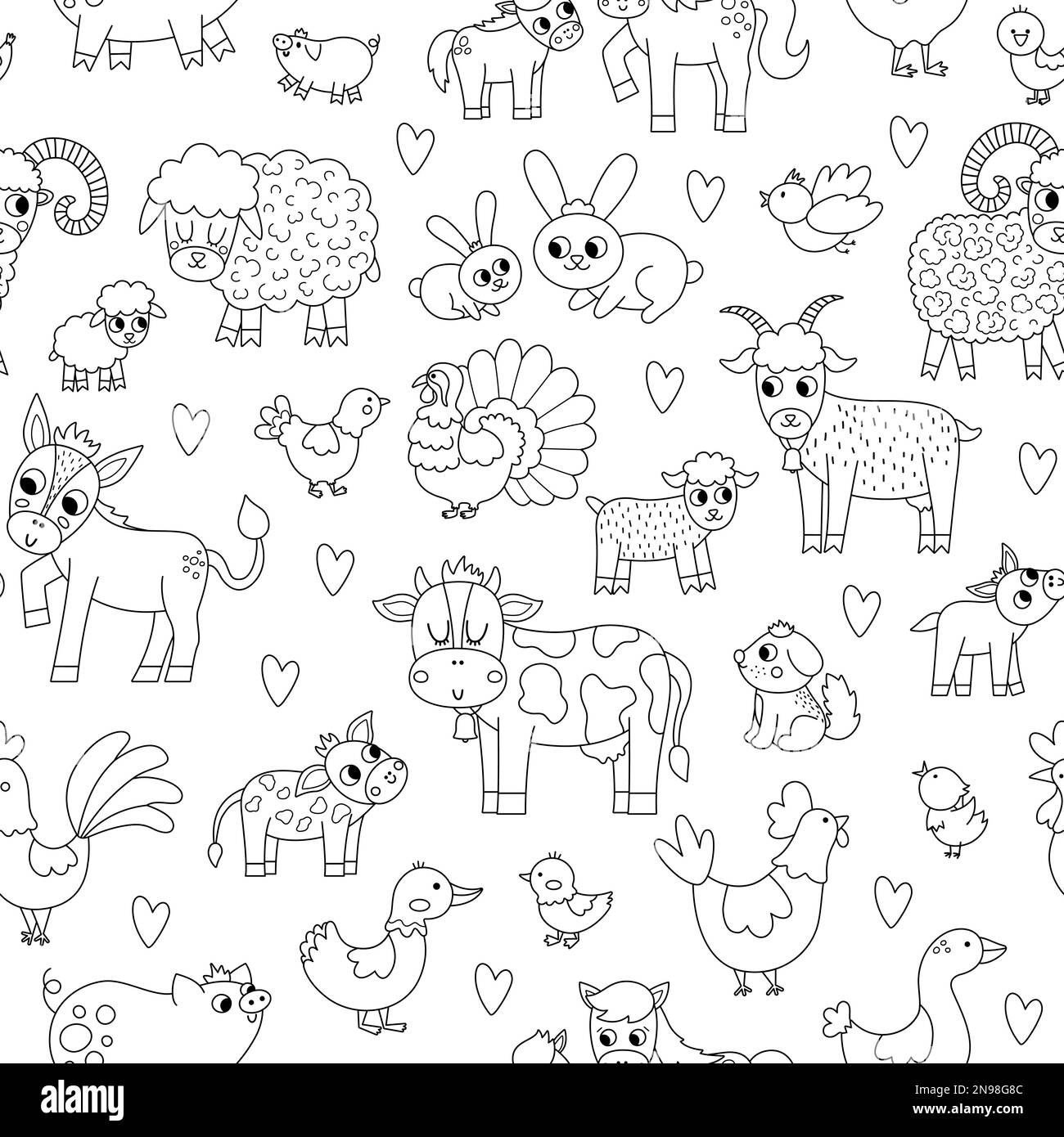 Vector black and white seamless pattern with farm animals and birds ...