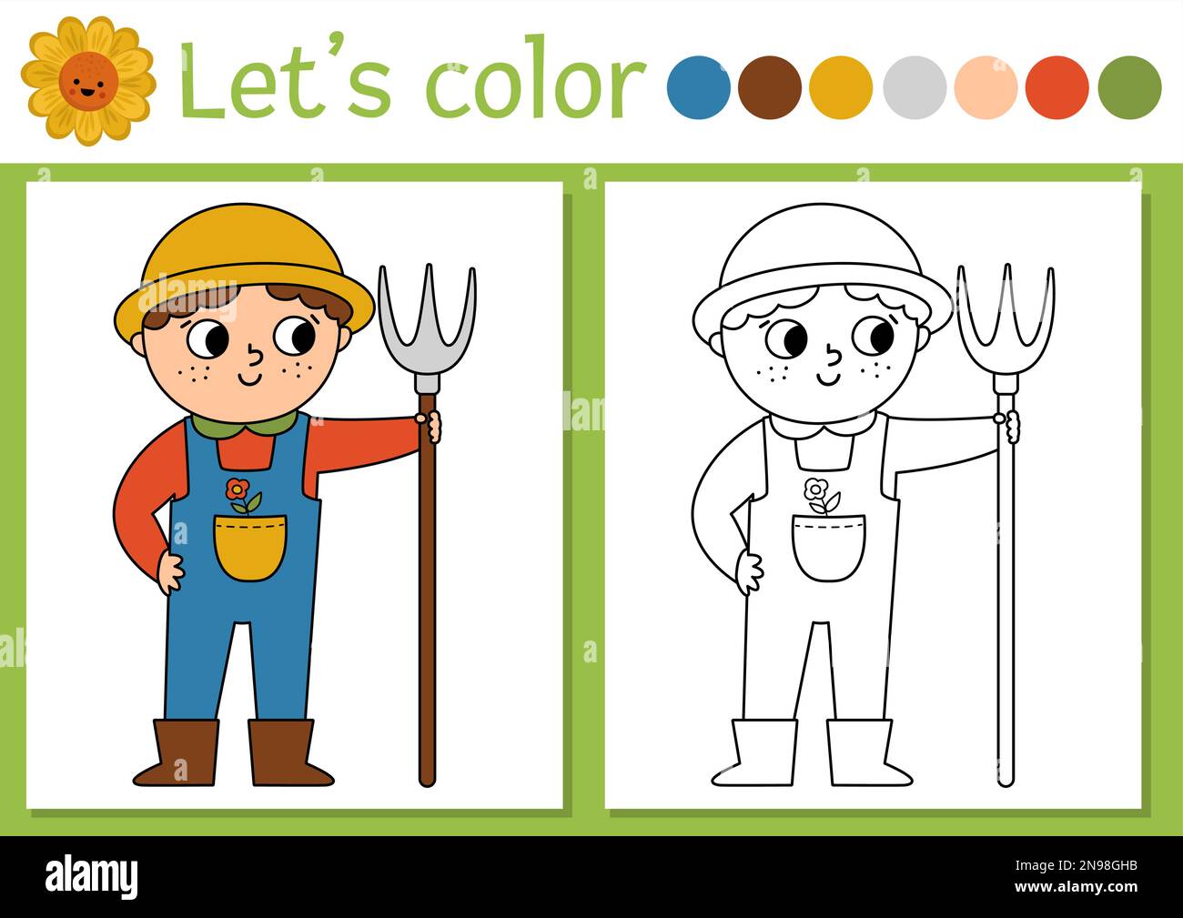 On the farm coloring page for children with farmer. Vector rural ...