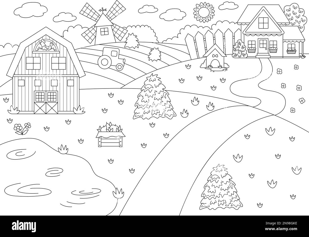Vector black and white farm landscape illustration. Rural outline ...