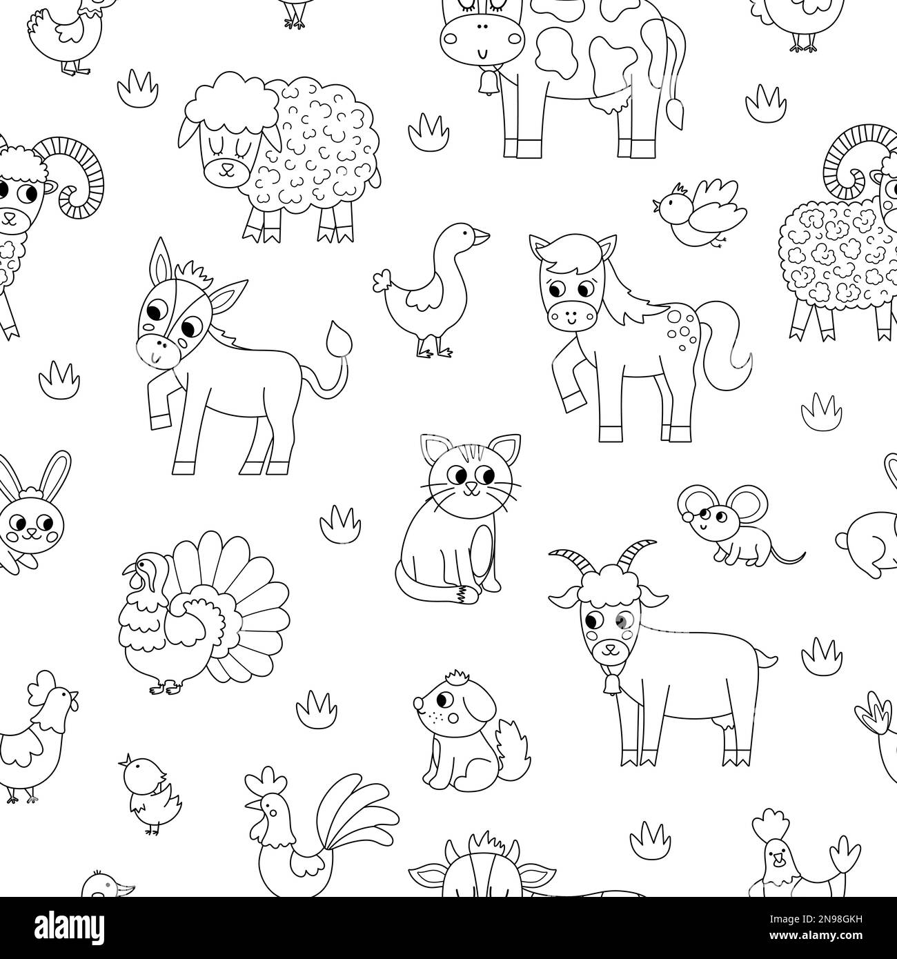 Vector black and white seamless pattern with farm animals and birds ...