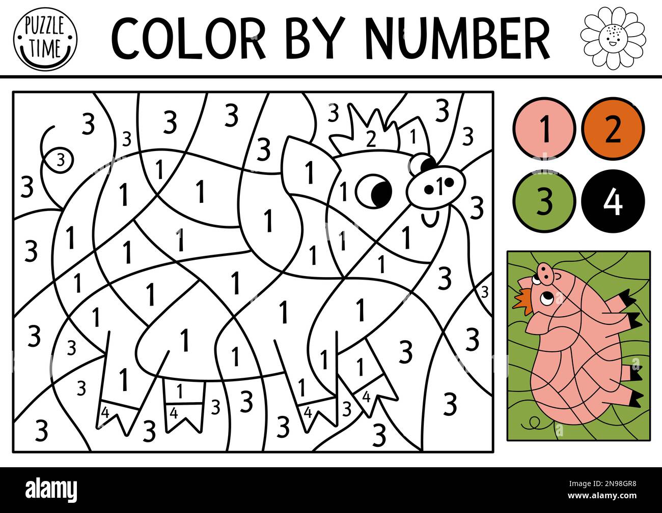 Vector on the farm color by number activity with pig. Rural country ...