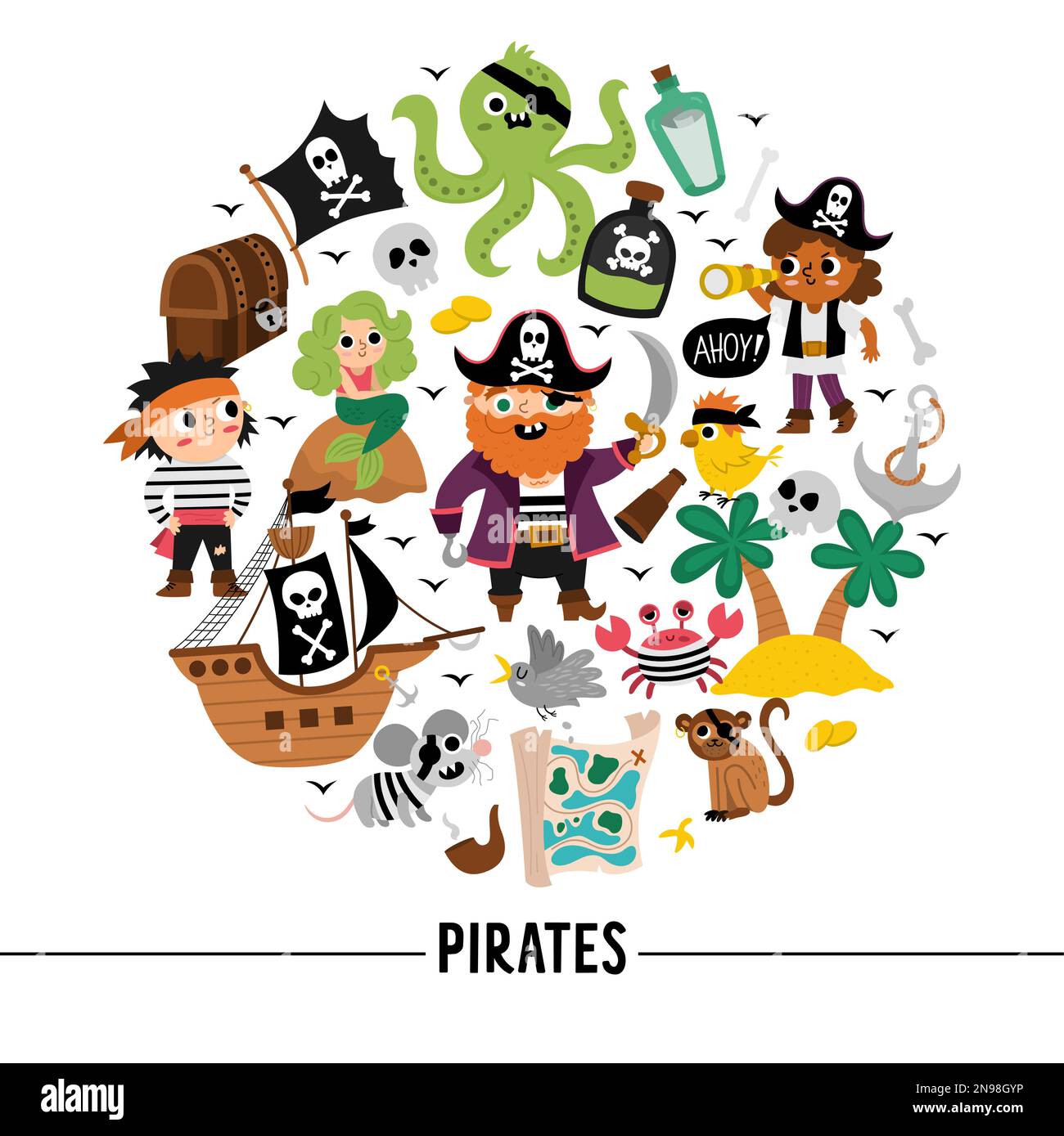 Vector pirate round frame with pirates, ship and animals. Treasure ...