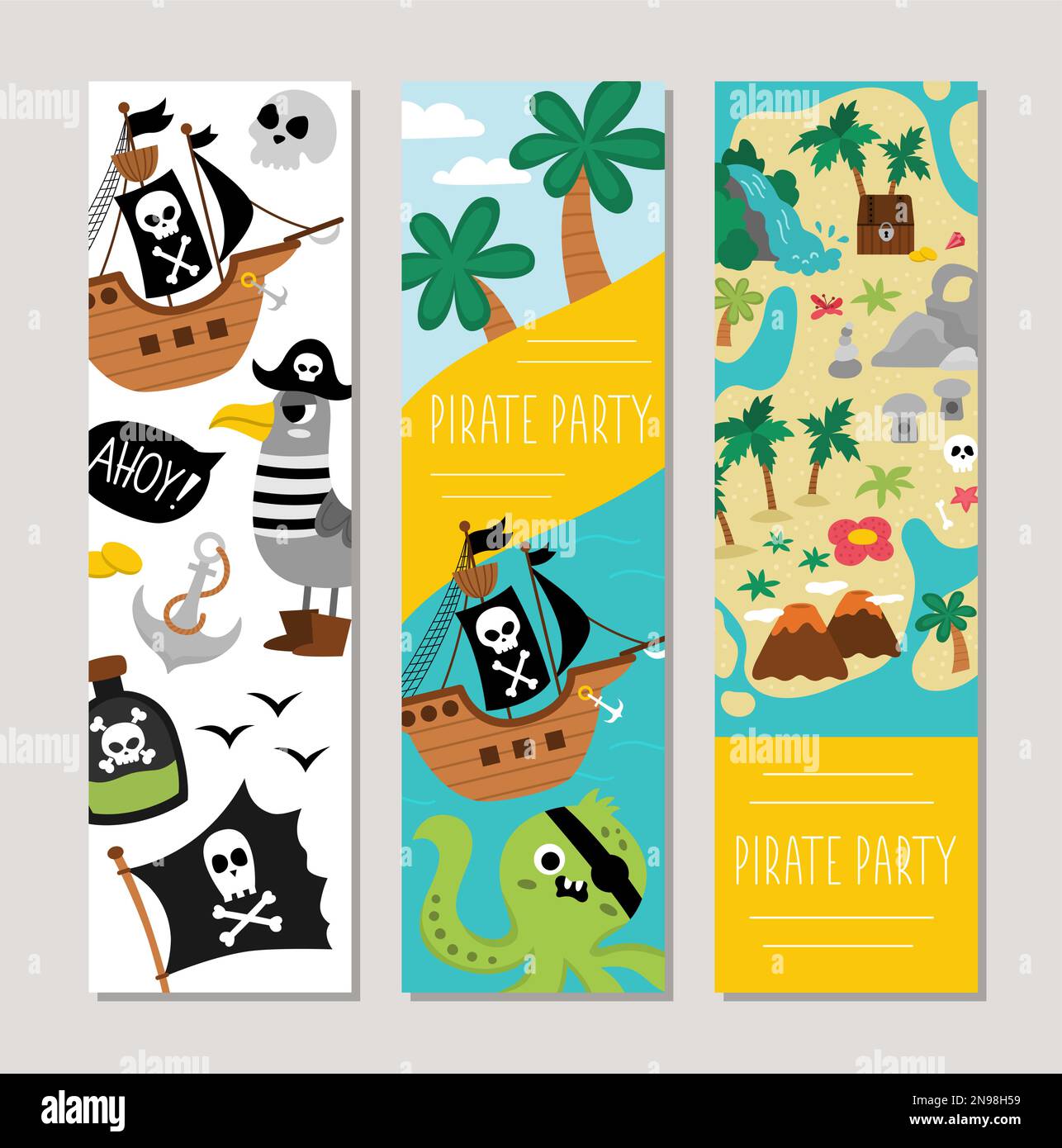 Cute pirate vertical cards set with ship, captain, chest, map, palm ...