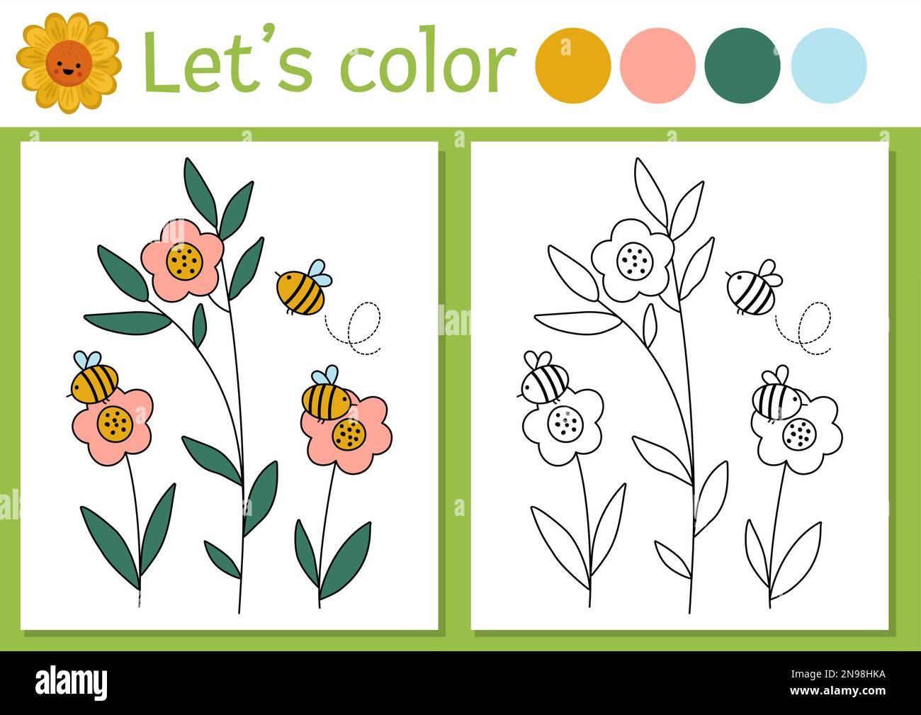 On the farm coloring page for children with bees and flowers. Vector ...