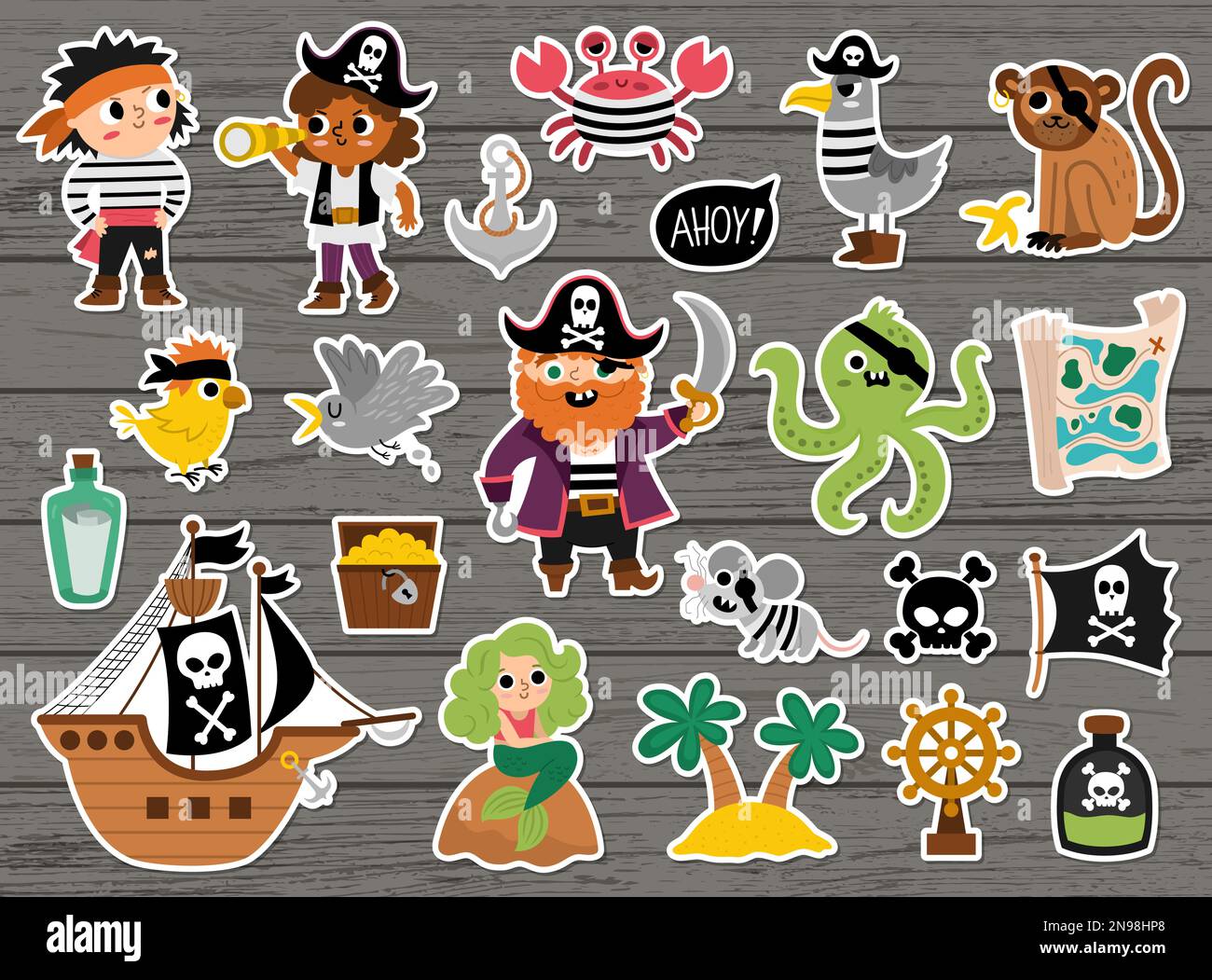 Vector pirate stickers set. Cute sea adventures patches icons ...