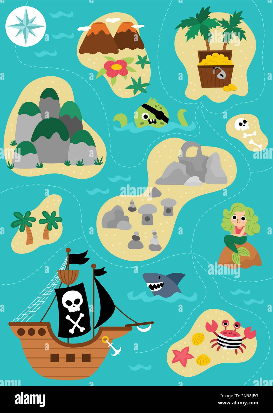 Vector treasure island map with pirate ship, mermaid, octopus. Cute ...