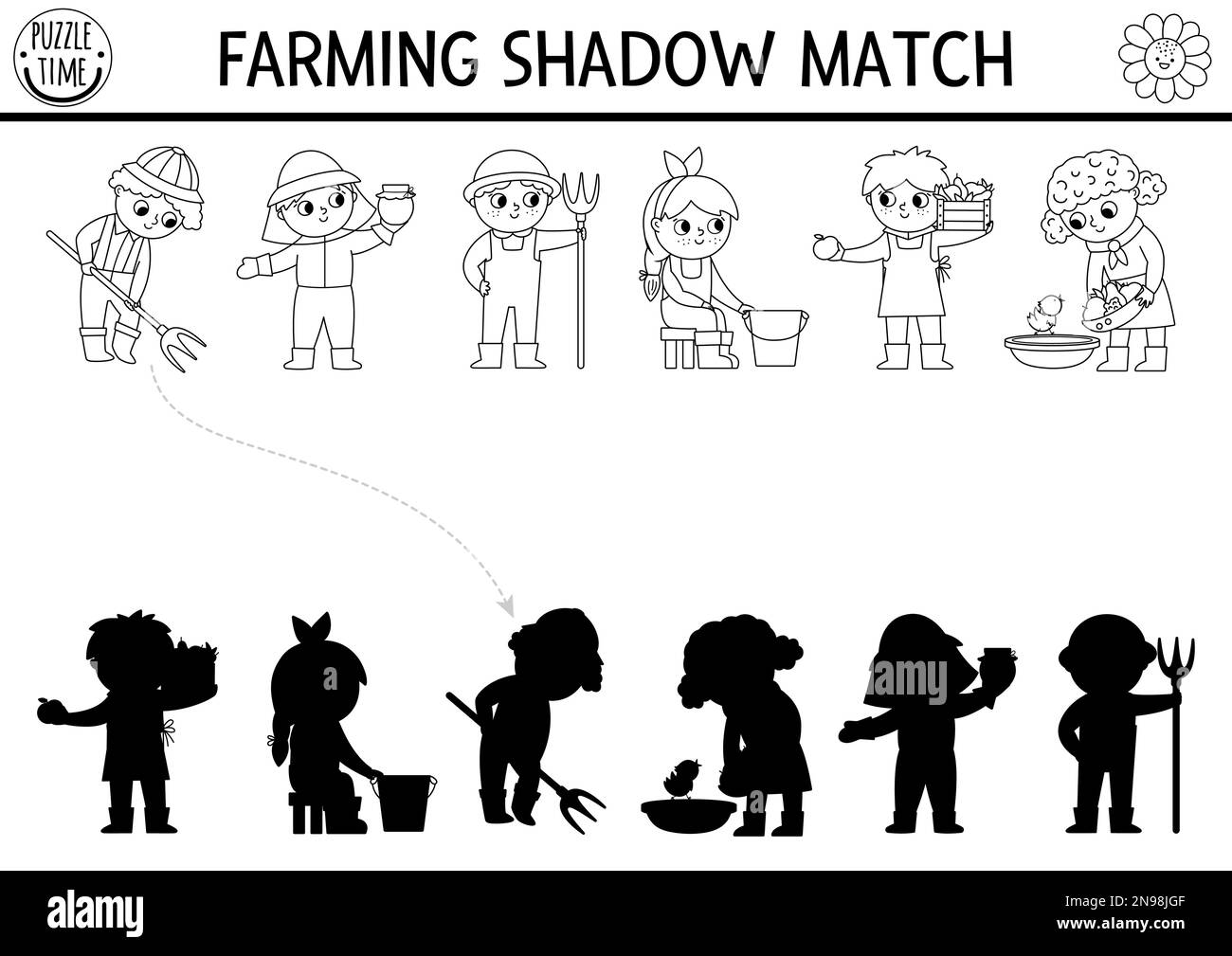 Black and white farm shadow matching activity with cute kid farmers ...