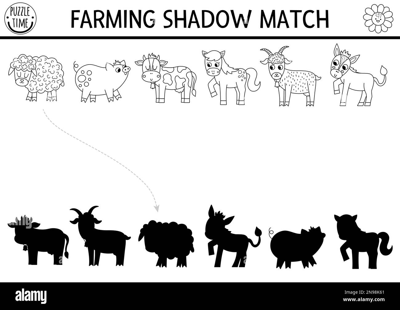 Black and white farm shadow matching activity with animals. Country ...