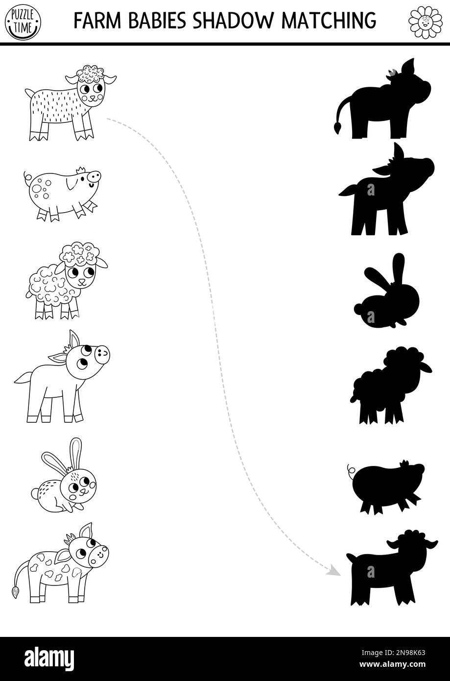 Black and white farm shadow matching activity with baby animals ...
