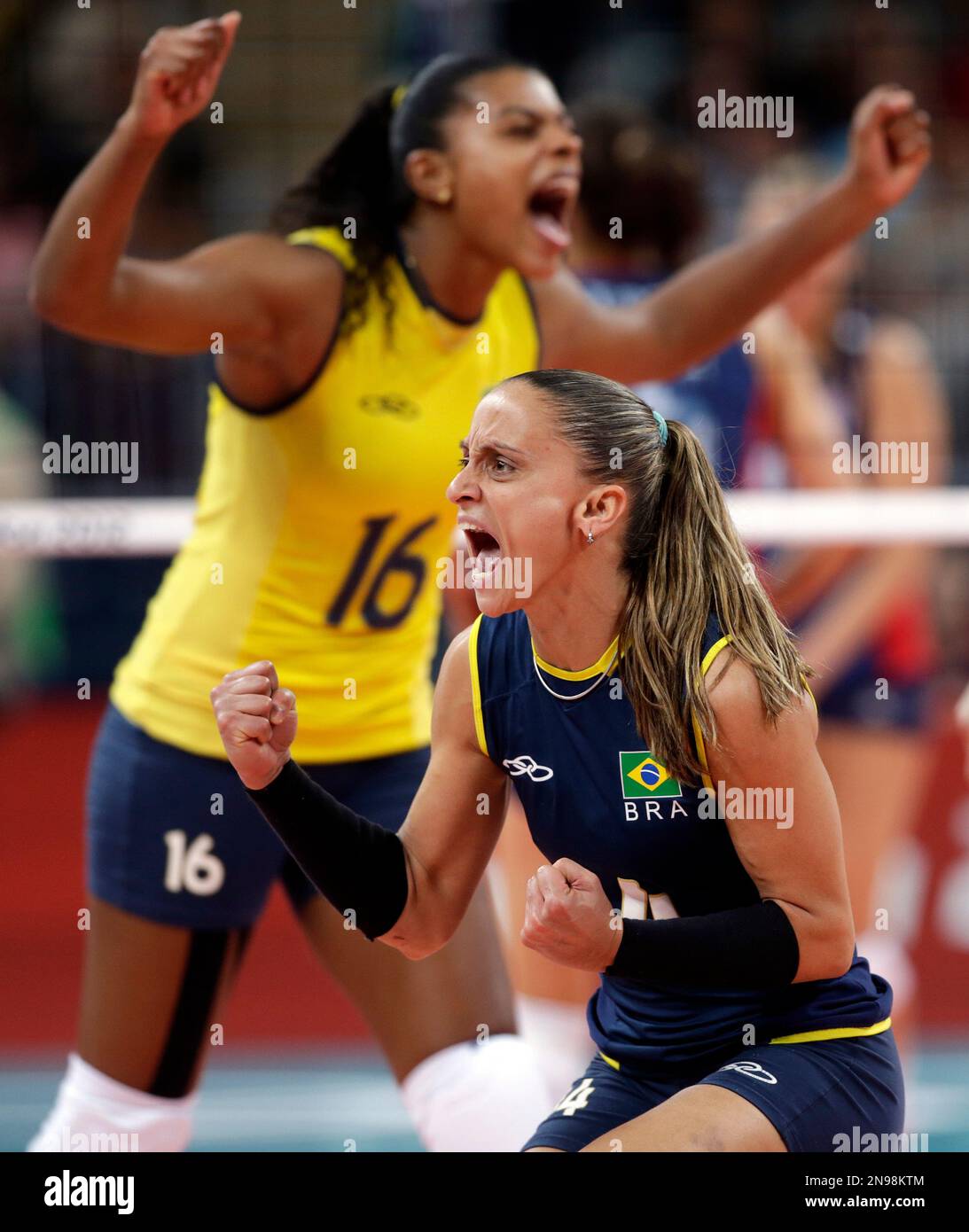 Brazil's Fabiana Oliveira, front and Fernanda Rodrigues react during ...