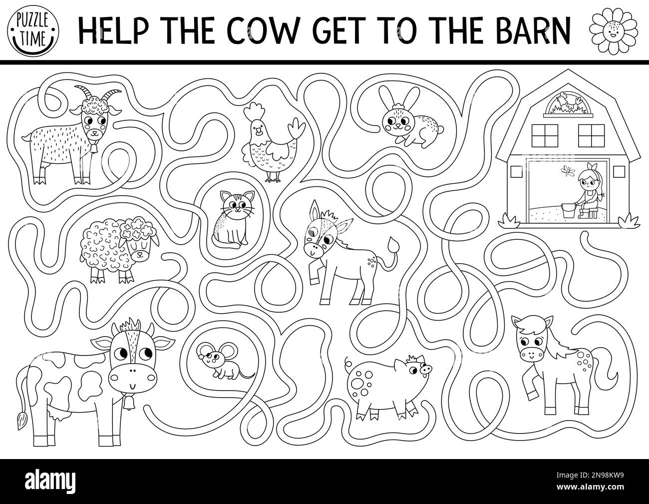 Black and white farm maze for kids with animals and cottage shed ...