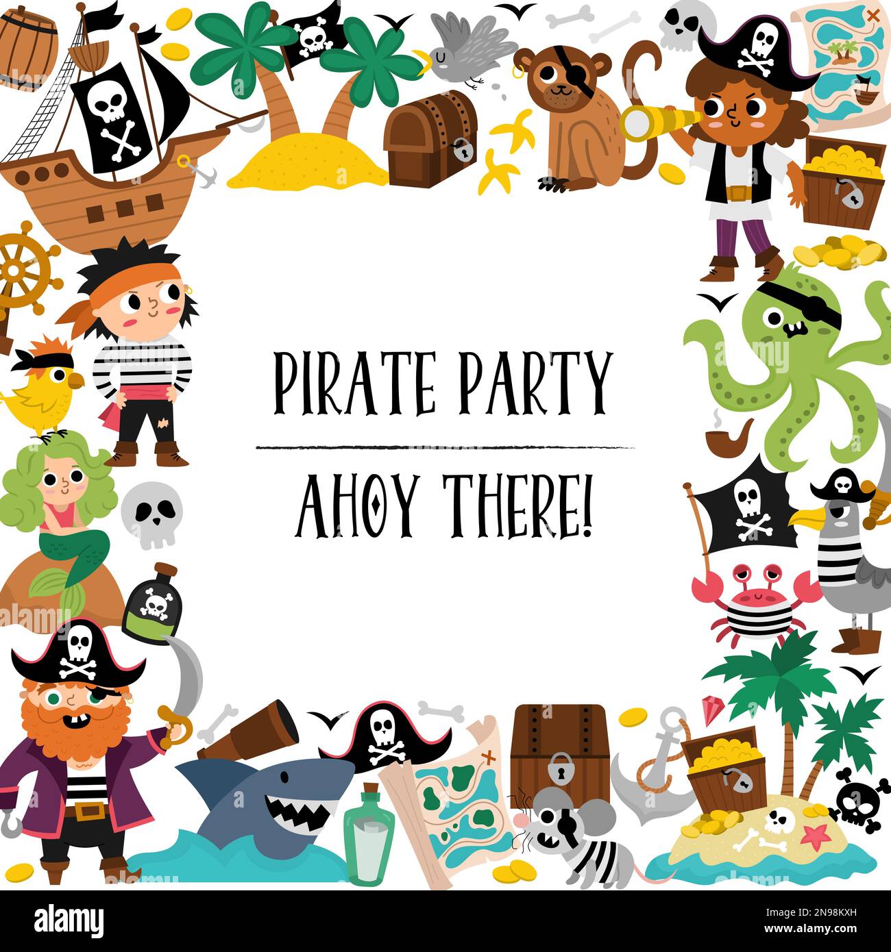 Vector pirate square frame with pirates, ship and animals. Treasure ...