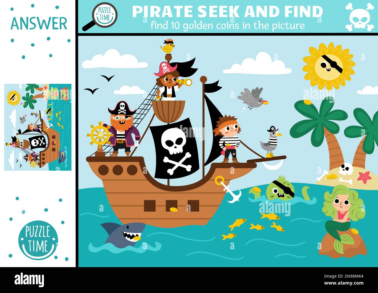 Vector pirate searching game with sea landscape. Spot hidden coins in ...
