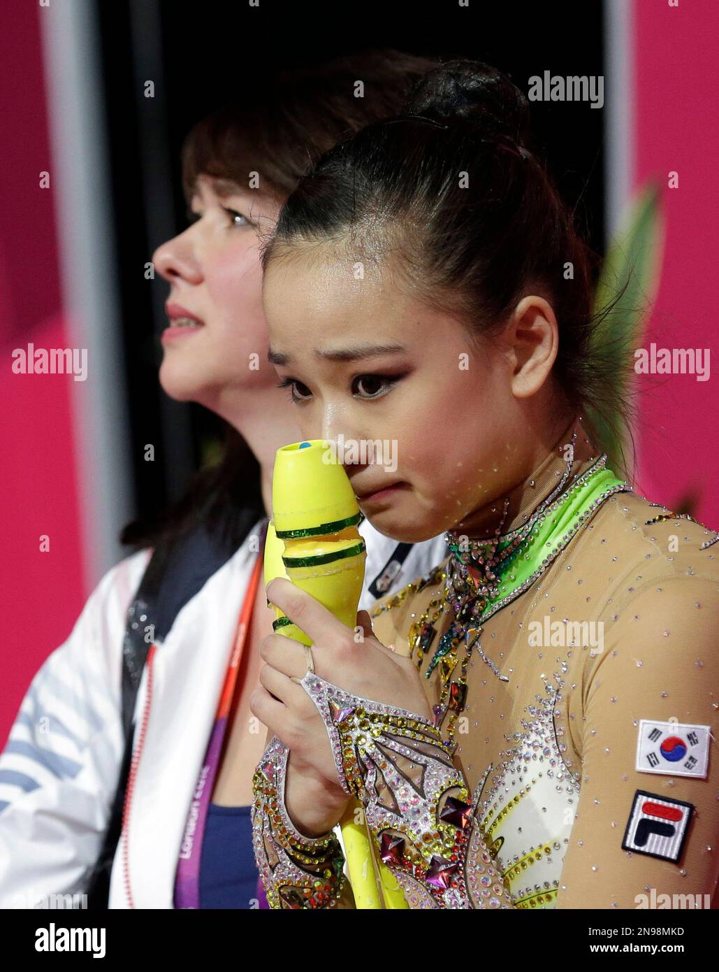 South Korea's Son Yeon-jae waits for results to be announced after her clubs exercise during the ...