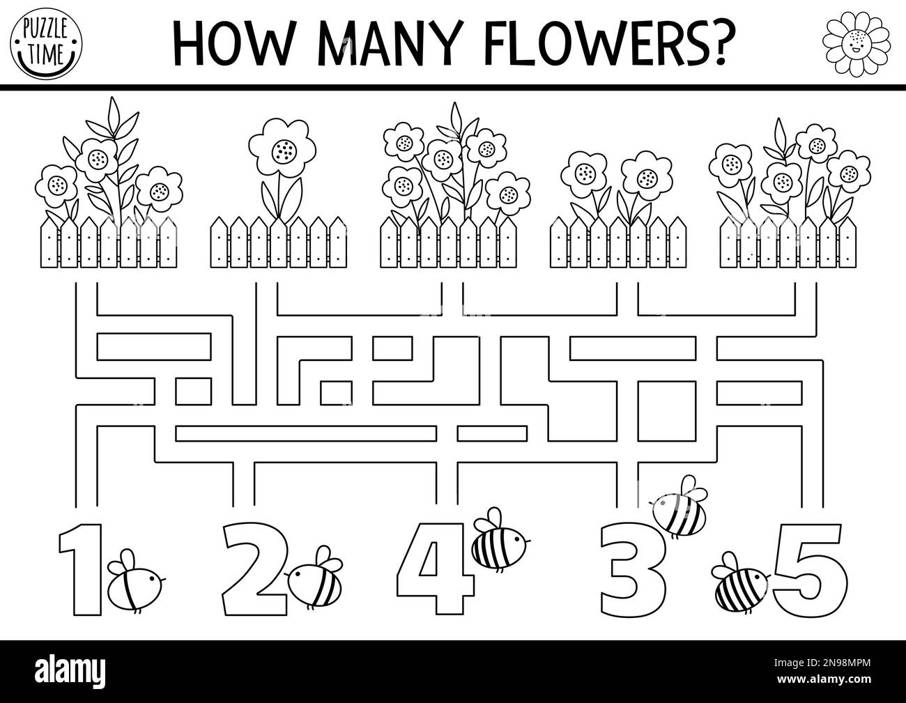 Black and white farm or garden maze for kids with flowerbeds, bees ...