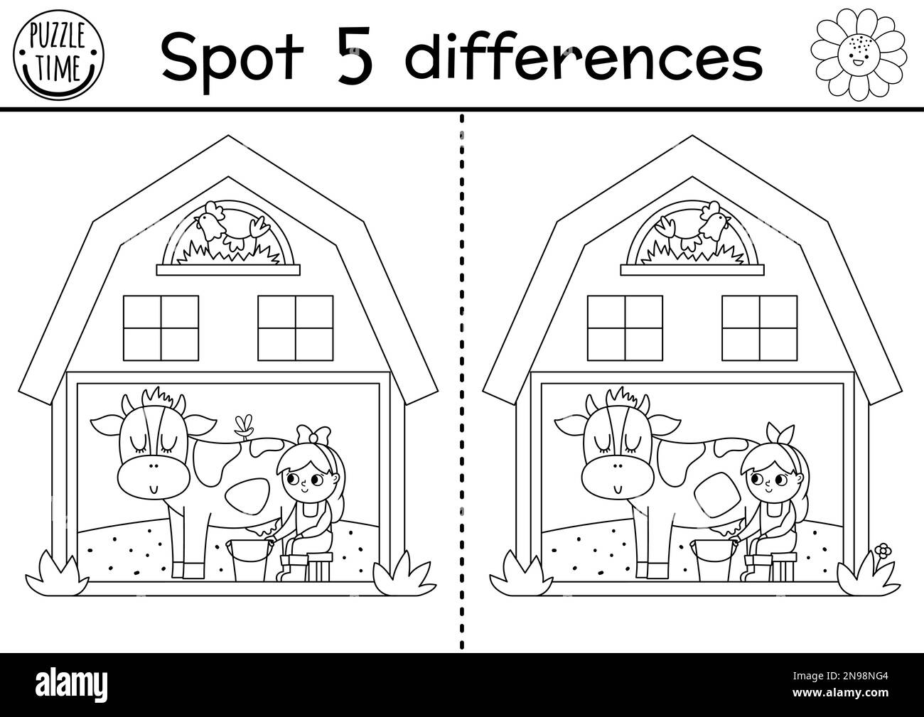 On the farm black and white find differences game for children. Educational line activity with ...