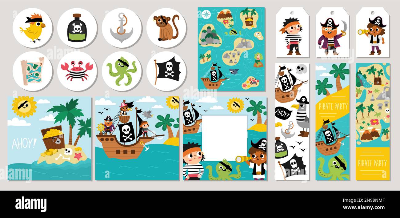 Cute pirate cards set with ship, captain, sailors, chest, map, parrot ...