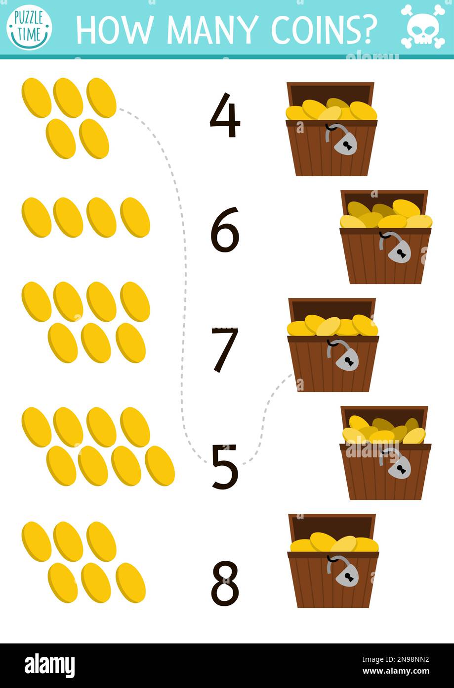 Match the numbers pirate game with treasure chest and golden coins ...