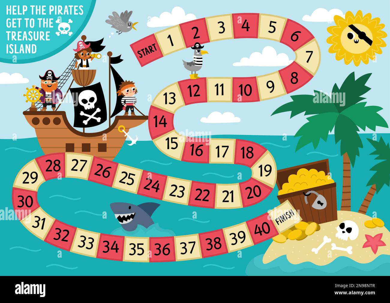 Pirate dice board game for children with cute pirate ship hunting ...