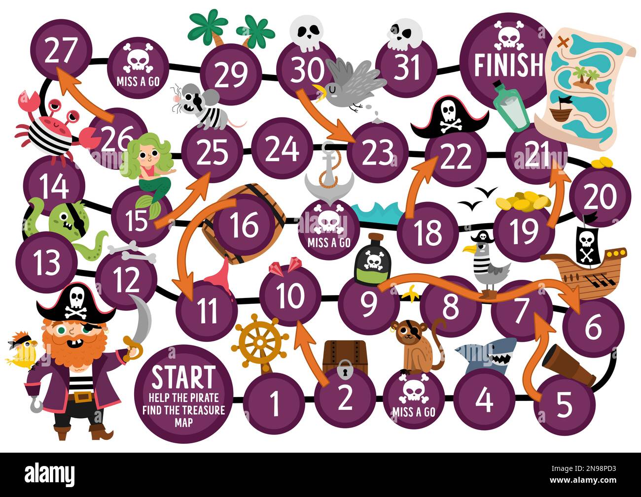 Pirate dice board game for children with cute pirate. Treasure hunt ...