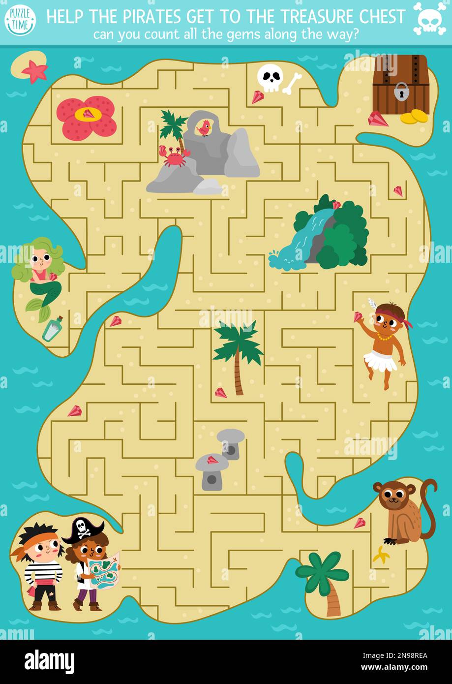 Pirate maze for kids with tropical treasure island and cute kid pirates ...