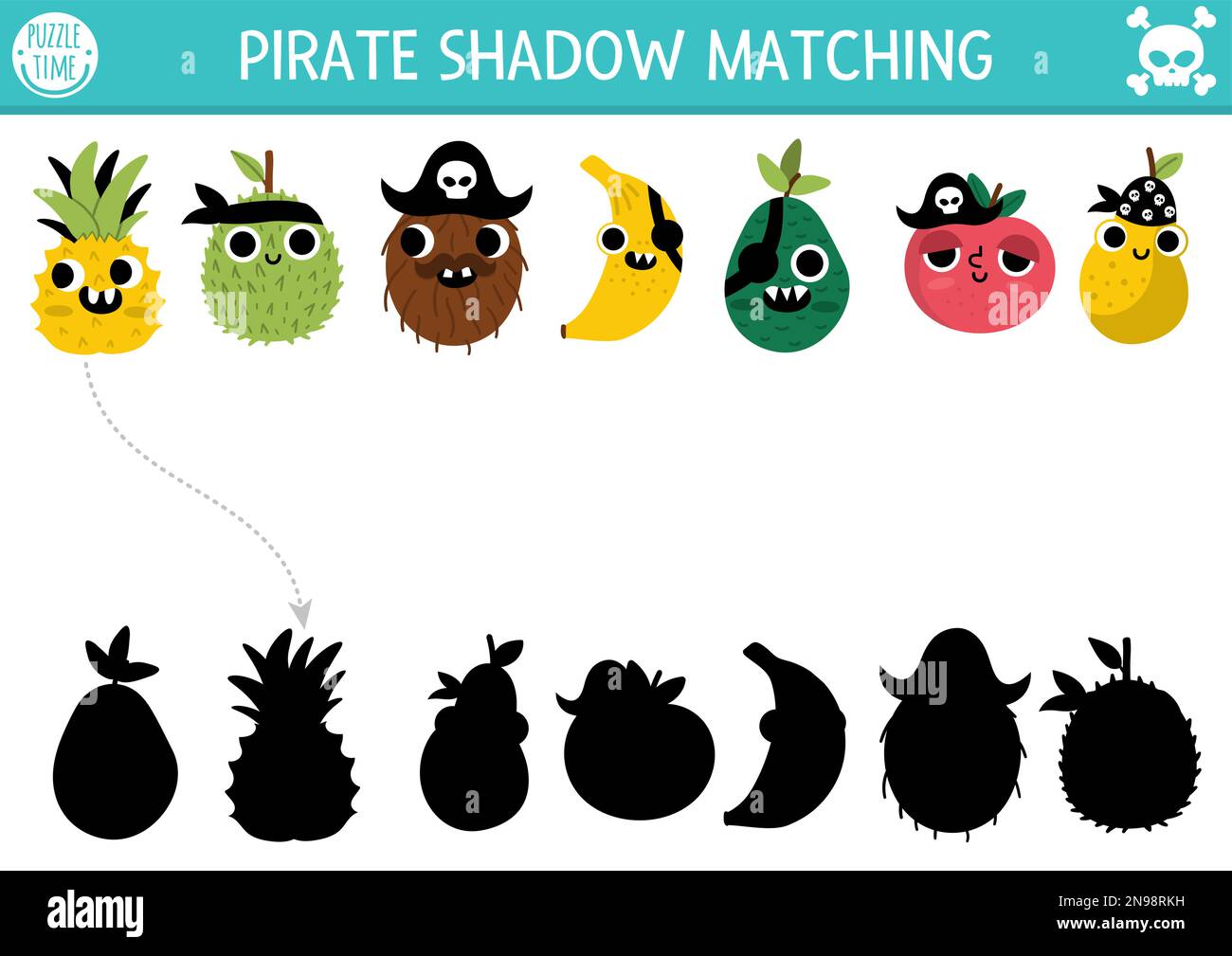 Pirate shadow matching activity. Treasure island hunt puzzle with cute ...