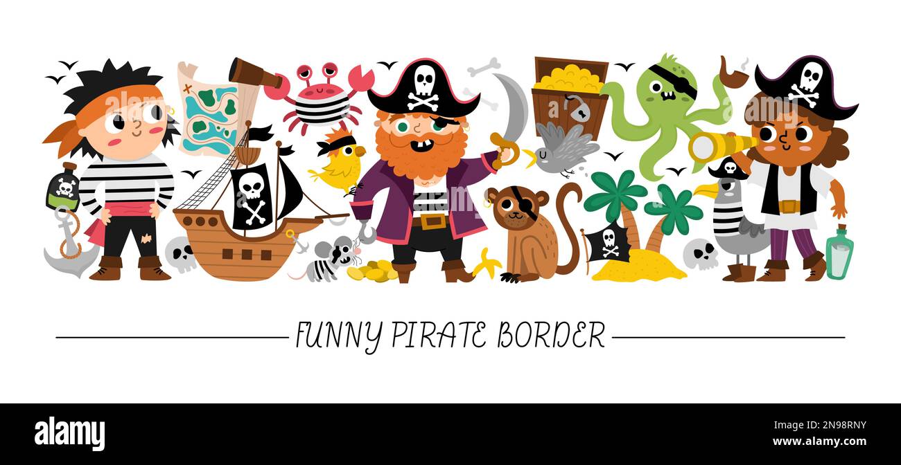Vector horizontal border set with cute pirates and animals. Sea ...