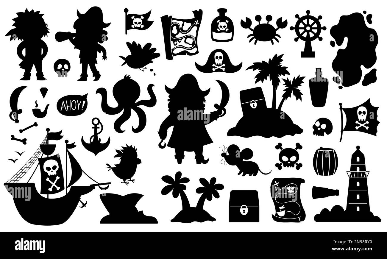 Vector pirate silhouettes set. Cute sea adventures black icons ...