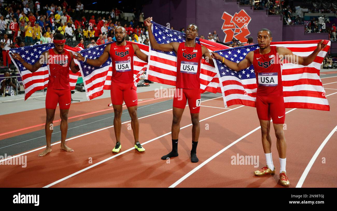 From left, United States' Tony McQuay, Angelo Taylor, Joshua Mance, and ...