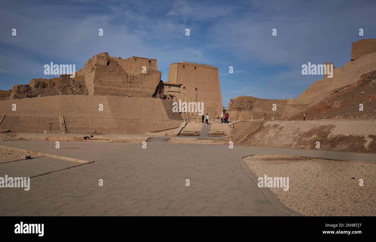 The Temple of Edfu in Edfu, Egypt external daylight view showing main ...