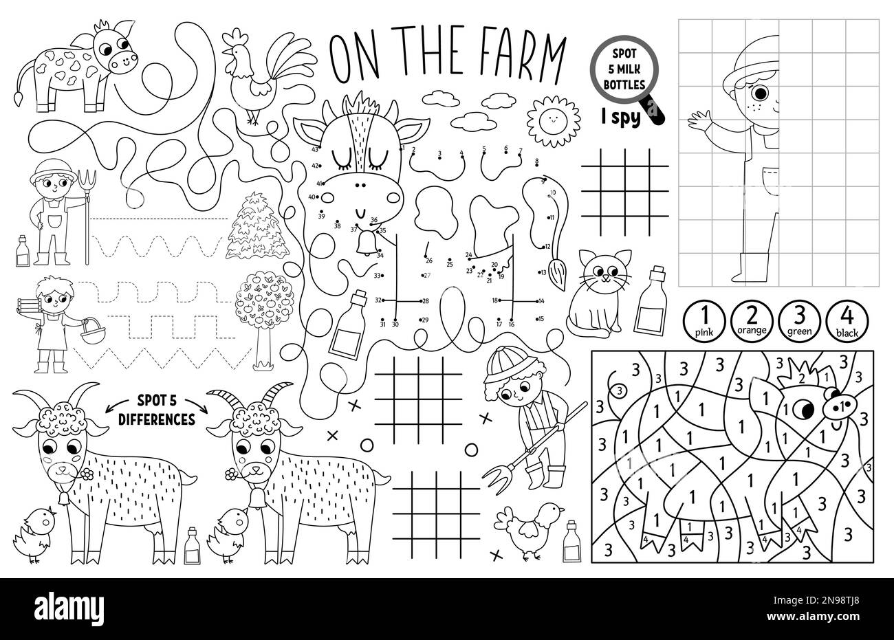 Vector on the farm placemat for kids. Country farm printable activity ...