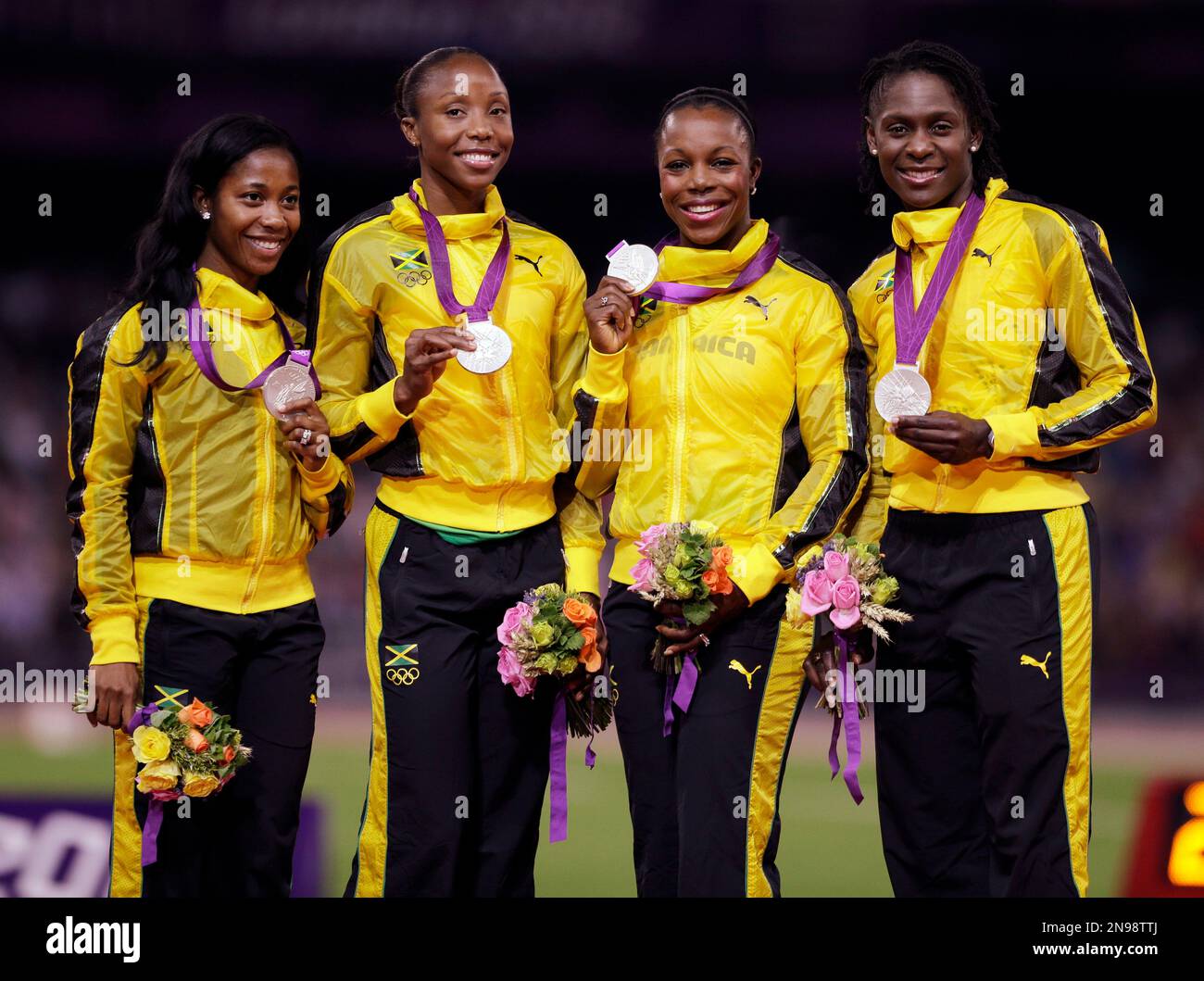Jamaica's Shelly-Ann Fraser-Pryce, Sherone Simpson, Veronica Campbell-Brown and Kerron Stewart ...