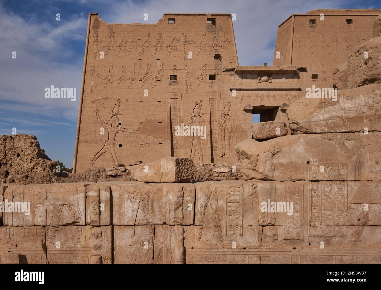 The Temple of Edfu in Edfu, Egypt external daylight view showing main ...