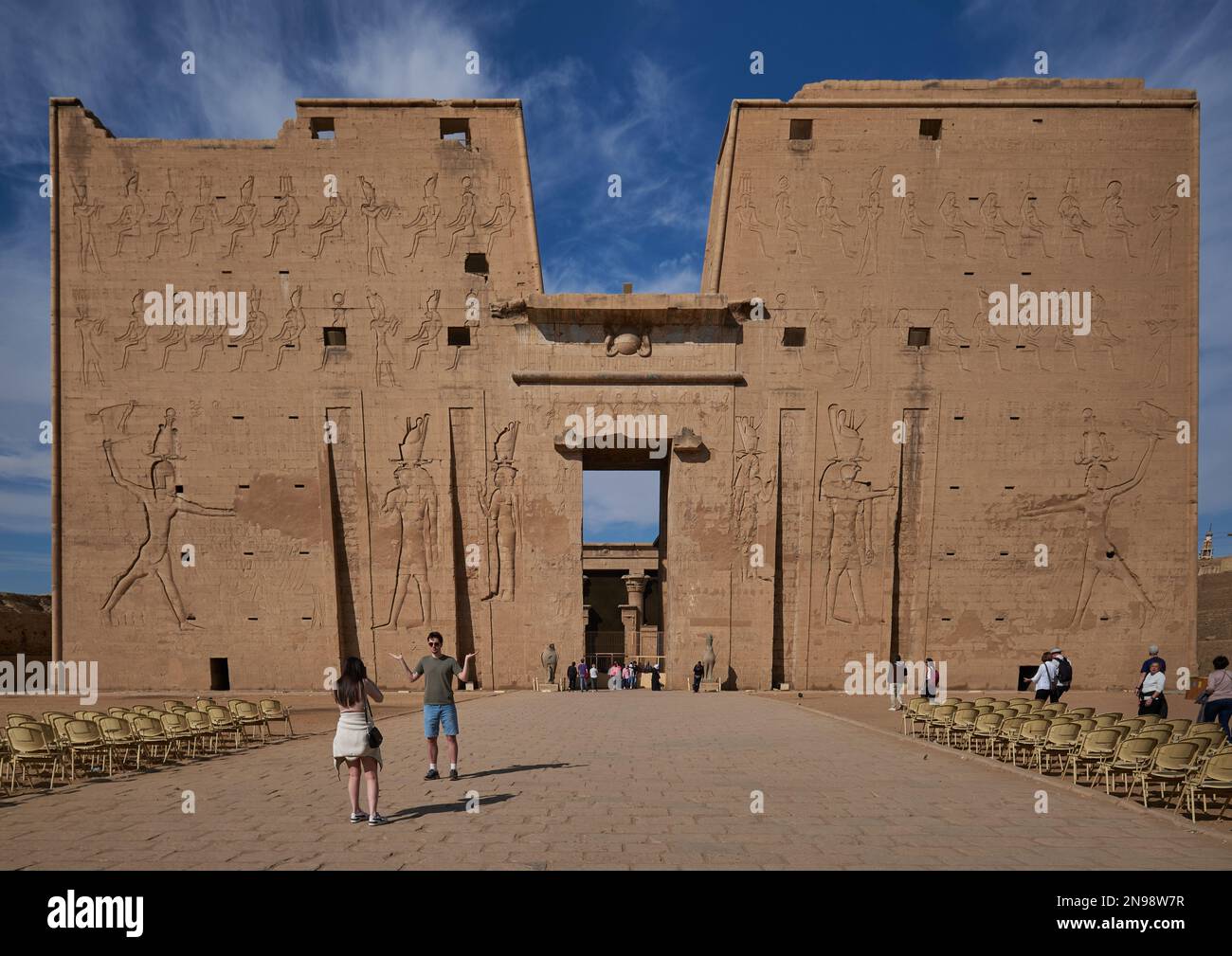 The Temple of Edfu in Edfu, Egypt external daylight view showing main ...