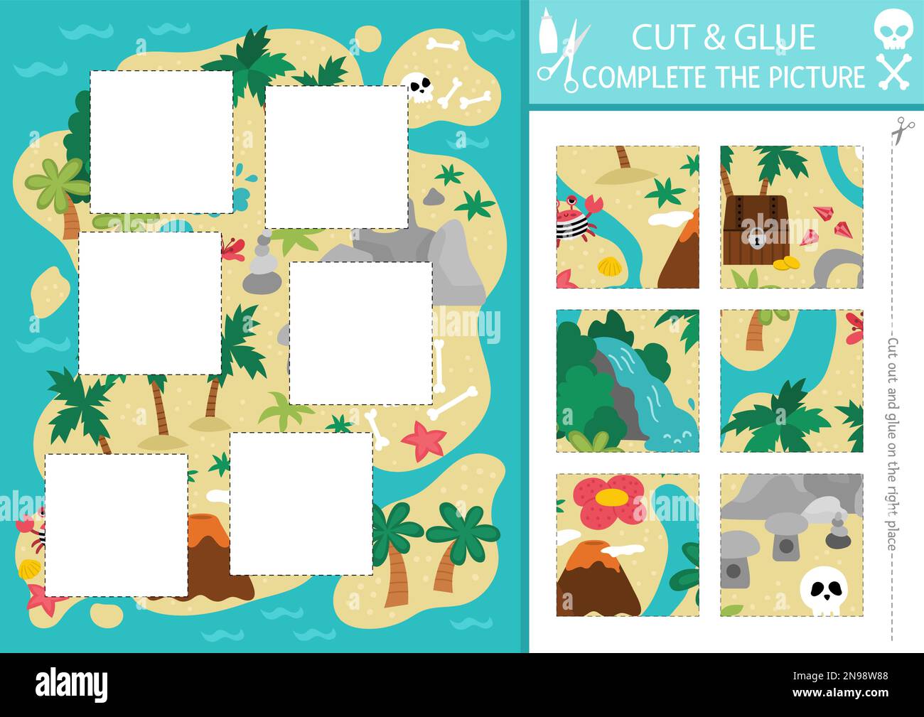 Vector pirate cut and glue activity. Crafting game with cute treasure ...
