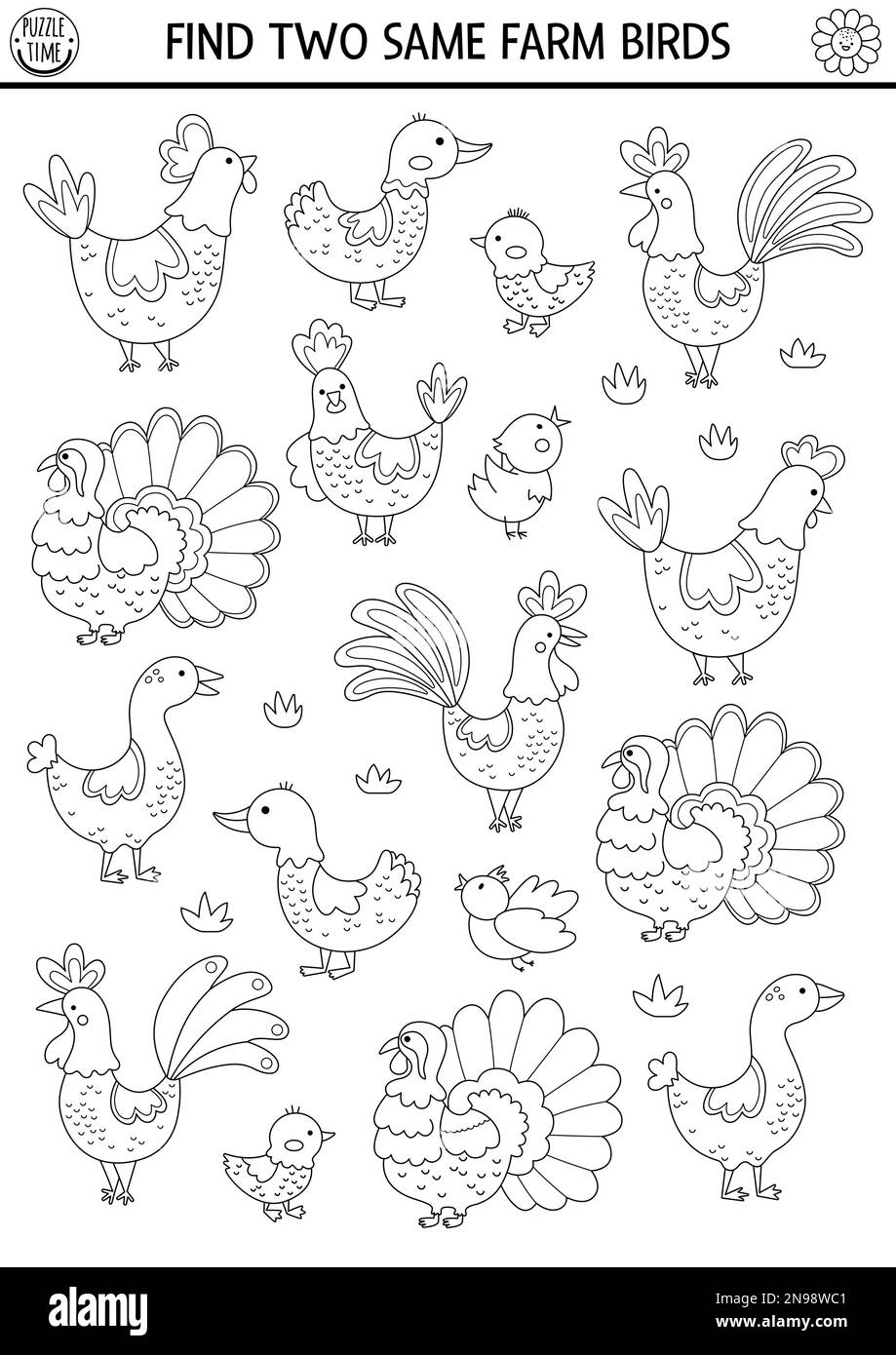 Find two same farm birds. On the farm black and white matching activity ...