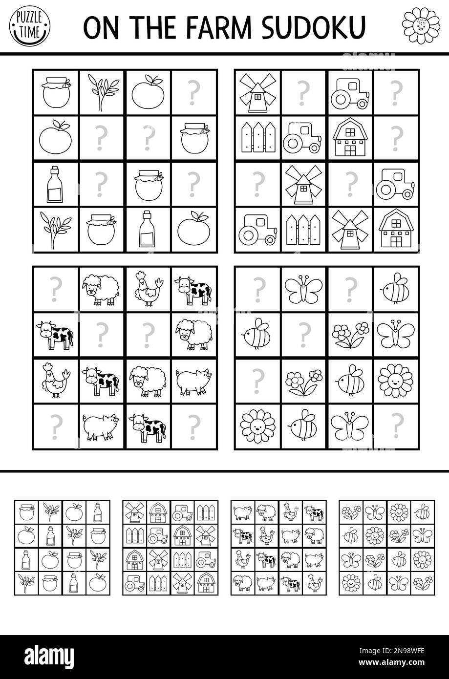 Vector farm sudoku black and white puzzle for kids with pictures ...