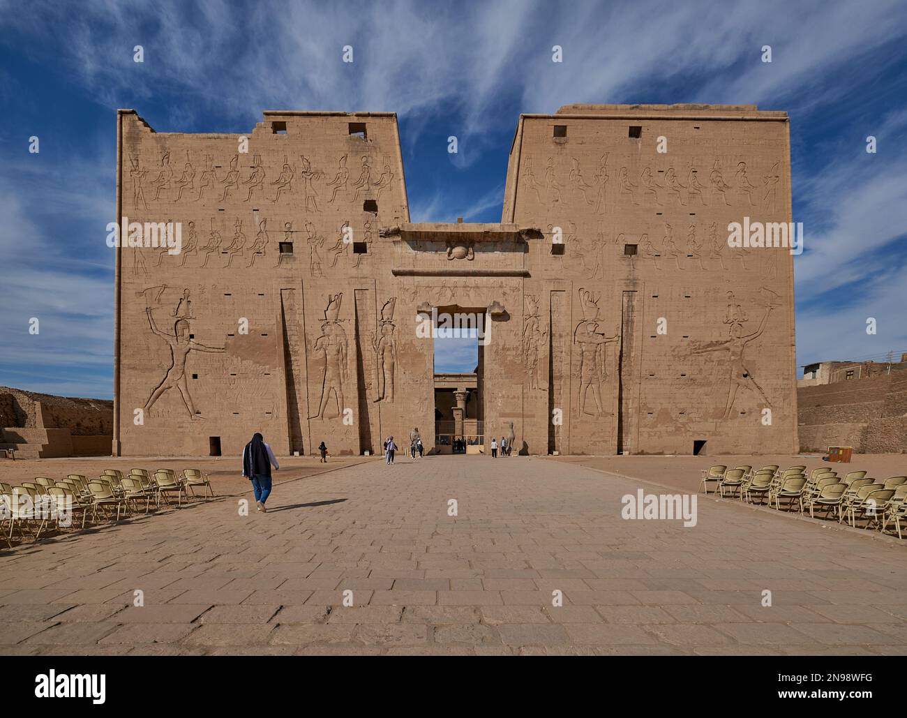 The Temple of Edfu in Edfu, Egypt external daylight view showing main ...