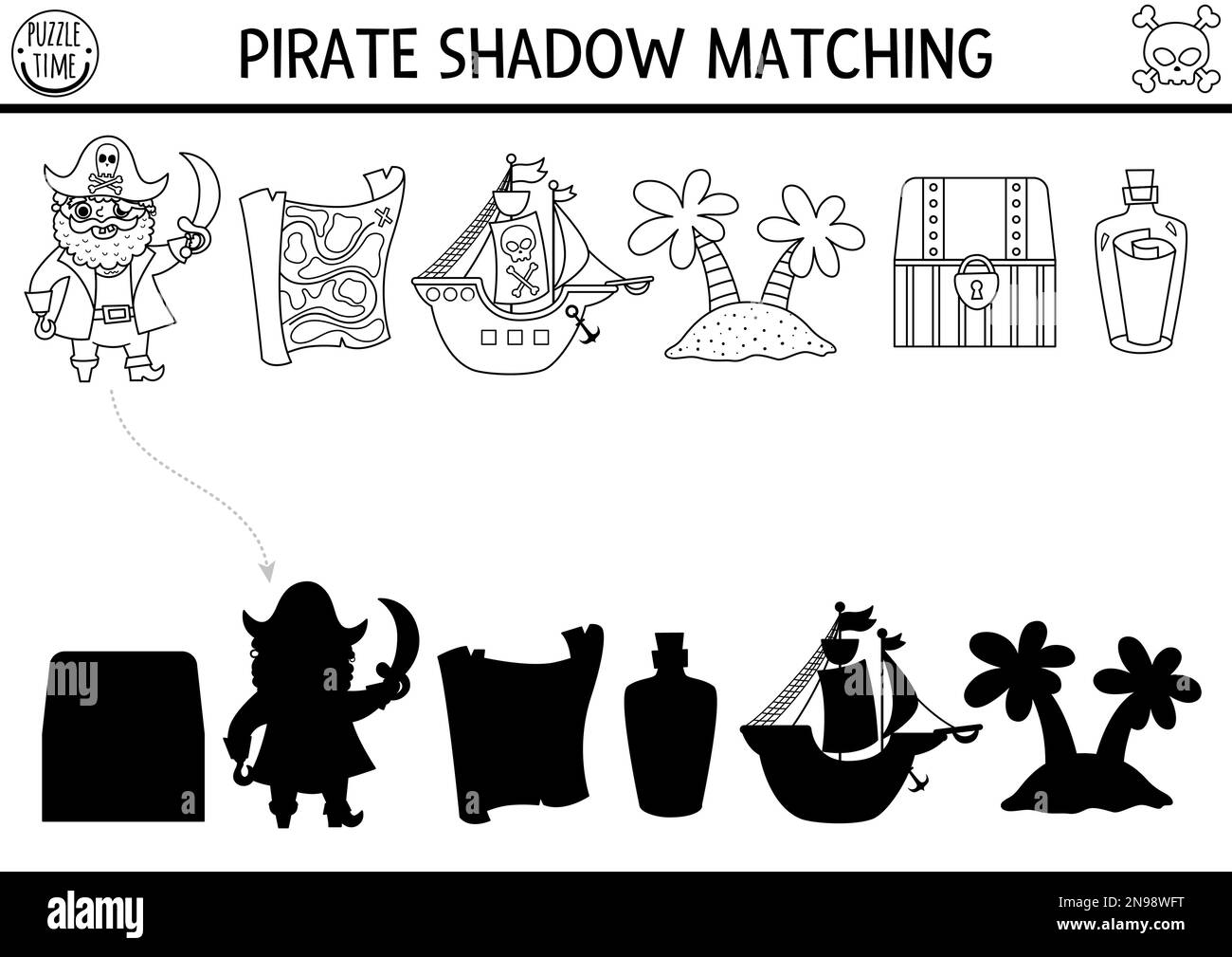 Pirate black and white shadow matching activity. Treasure island hunt ...