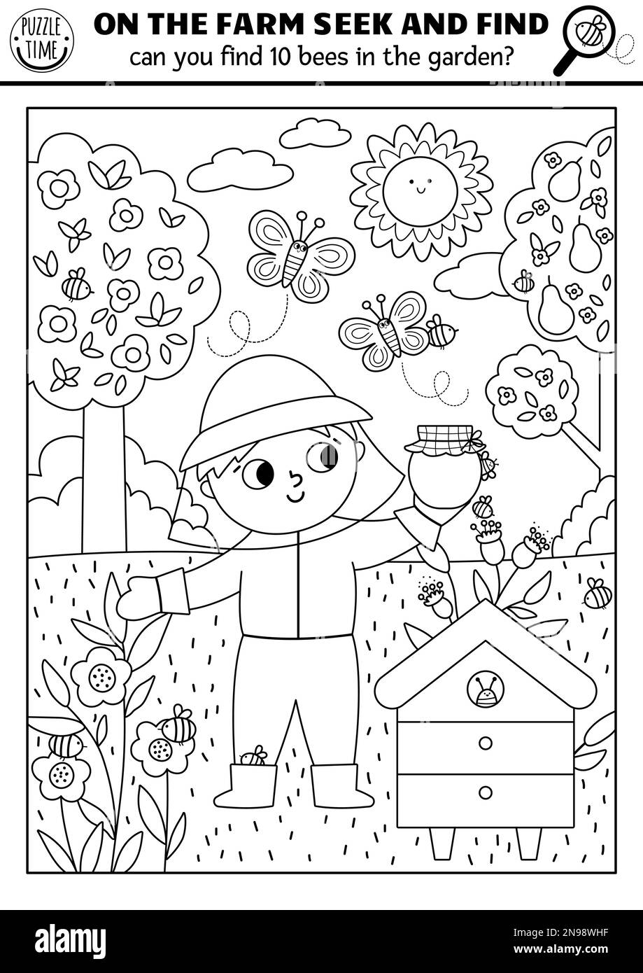 Vector farm searching black and white game with rural village landscape ...