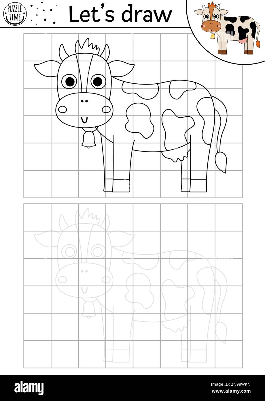 Draw the cow. Complete the picture. Vector on the farm drawing practice ...