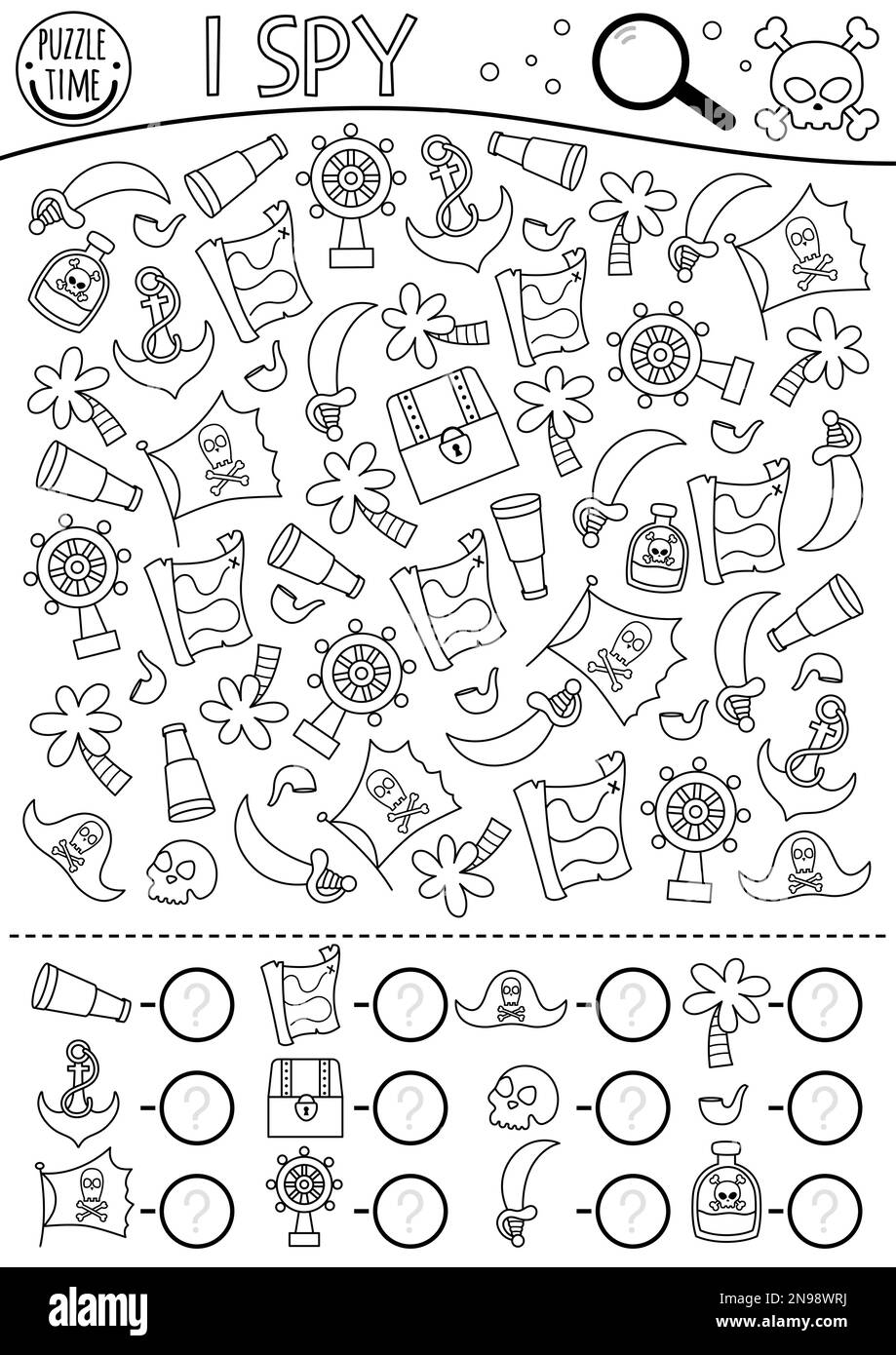 Pirate black and white I spy game for kids. Searching and counting ...