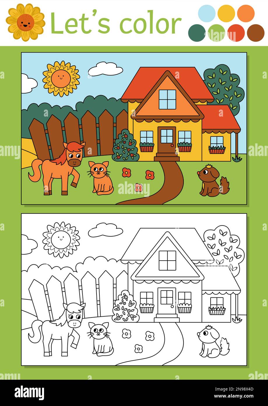 On the farm coloring page for children with rural country landscape ...