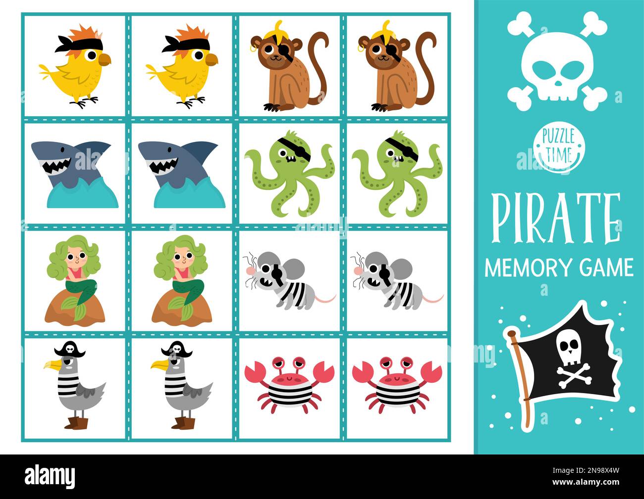 Vector pirate memory game cards with cute animals. Sea adventure ...