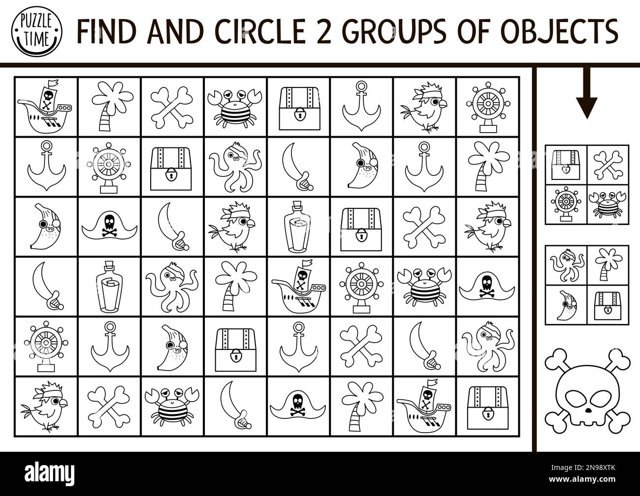 Pirate black and white seek and find game with traditional symbols ...