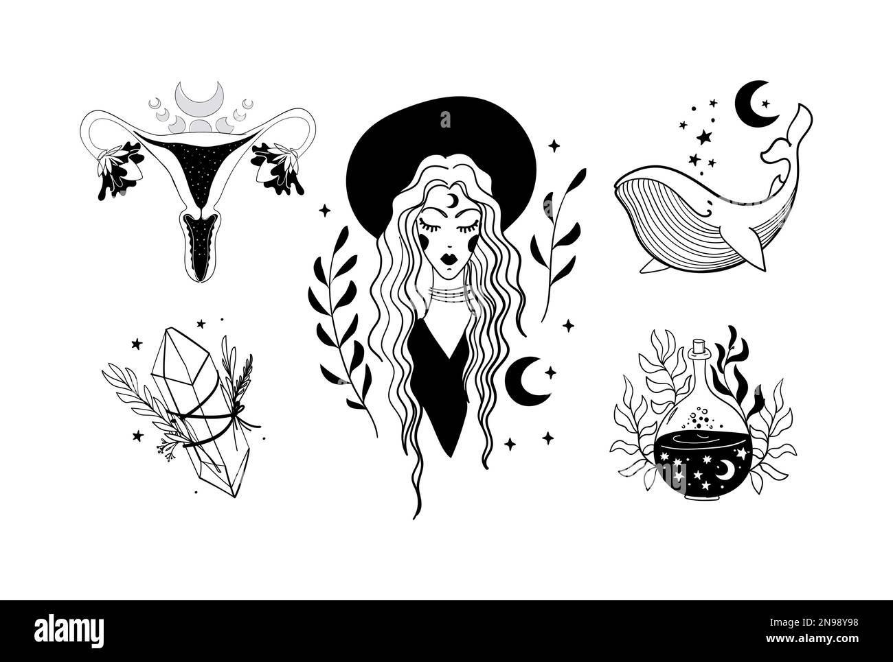 Set of mystical boho boho icons. Beautiful witch girl with magical ...