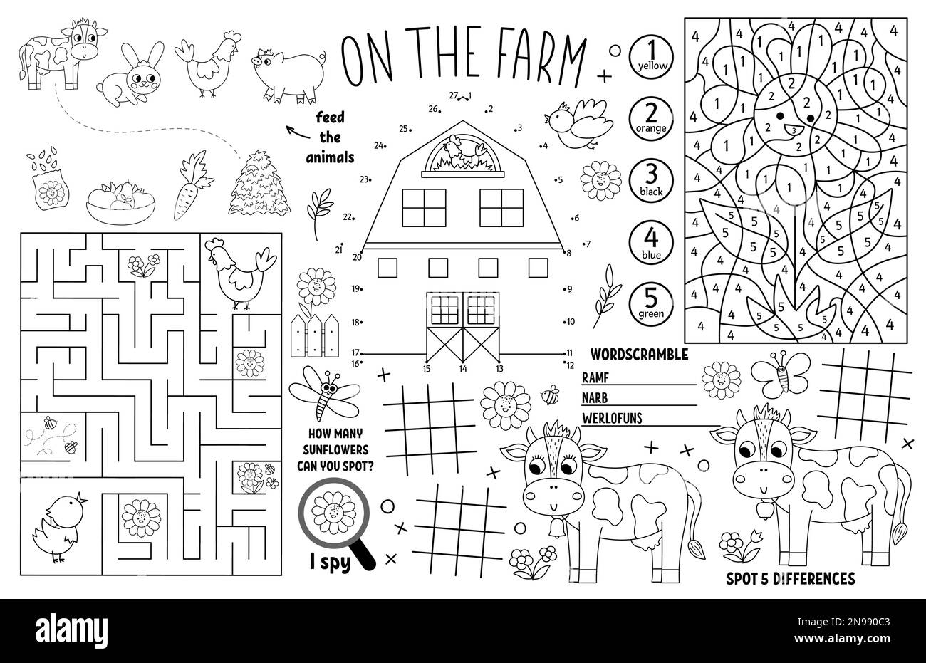 Vector on the farm placemat for kids. Country farm printable activity ...